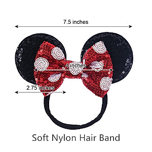 JIAHANG Mouse Ears Sequin Bow Nylon Hairband with Polka Dot, Hair Bow Headband, Soft Elastic Costume Headwear for Baby Girl Newborn Toddler, kids, Party Supplies