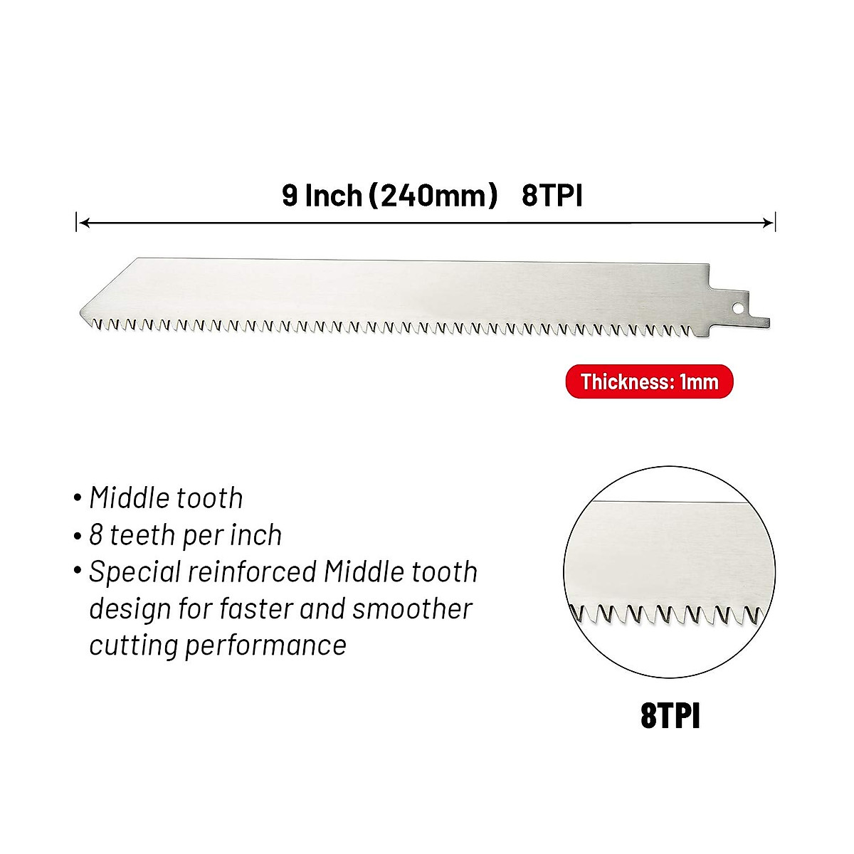 ZUZZEE 9inch 8TPI Unpainted Stainless Steel Reciprocating Saw Blade for Frozen Meat Bone Cutting Wood Pruning (5 Pack)