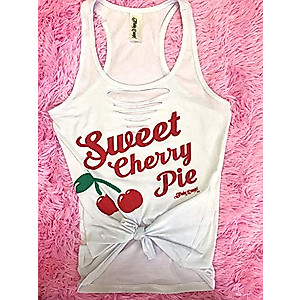 Demi Loon Sexy Gothic Biker Tank Top | Slashed Cut-Out Biker Tee Tshirt | Graphic Punk Gothic Tank Top (M, White Cherry Pie)