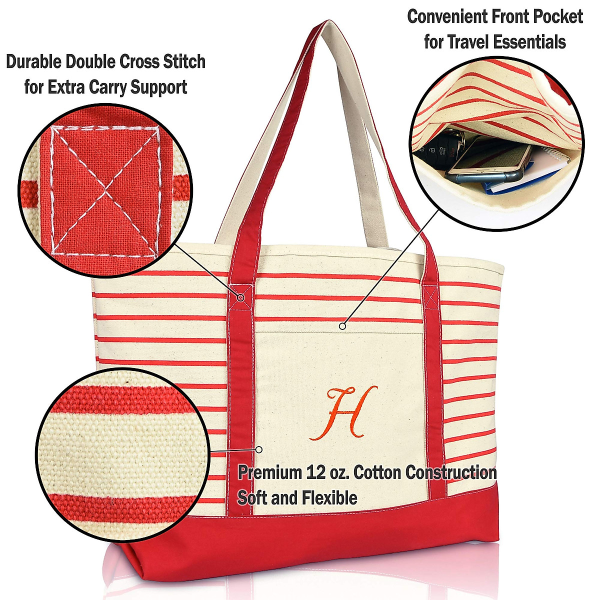 DALIX 23" Large Striped H-Initial Tote Bag Womens Ballent Letter H in Black