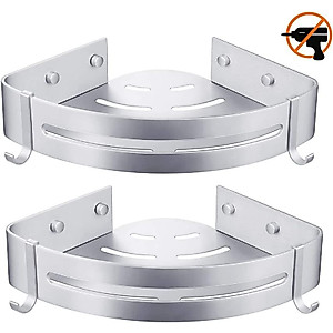 ATEMA 2 Pack Corner Shower Caddy,with Hooks No Drilling Adhesive Shower Storage Rack Shelf,Shampoo Razor Holder Organizer,Rustproof Aluminum Wall Mounted Shower Caddies for Bathroo/Kitchen/Dorm/Toilet