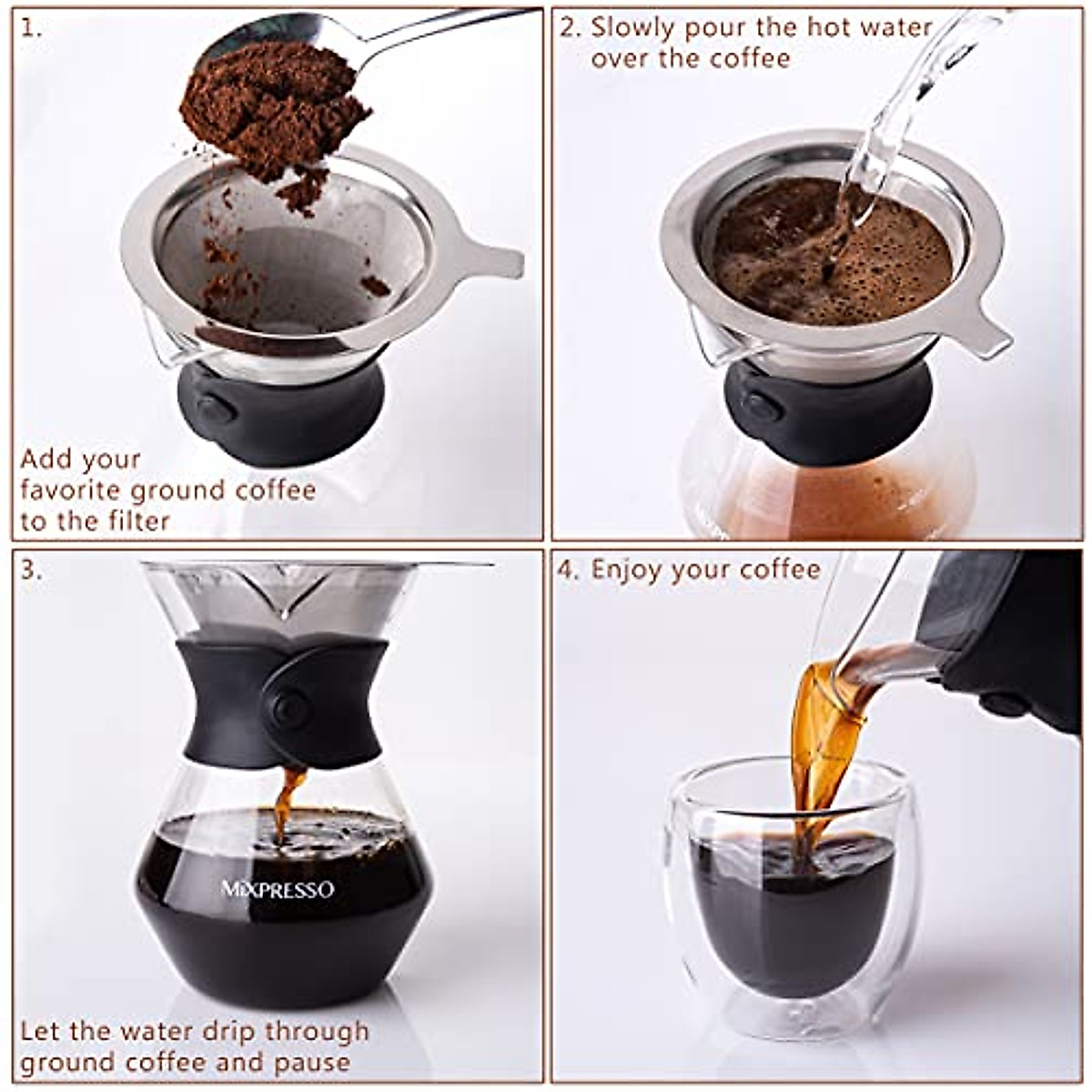Mixpresso Pour Over Coffee Maker Set Glass Carafe Borosilicate White Protective Silicone Sleeve | Pour Over Coffee Dripper Brewer With Double-layer Stainless Steel Filter,(13.5 Ounces)