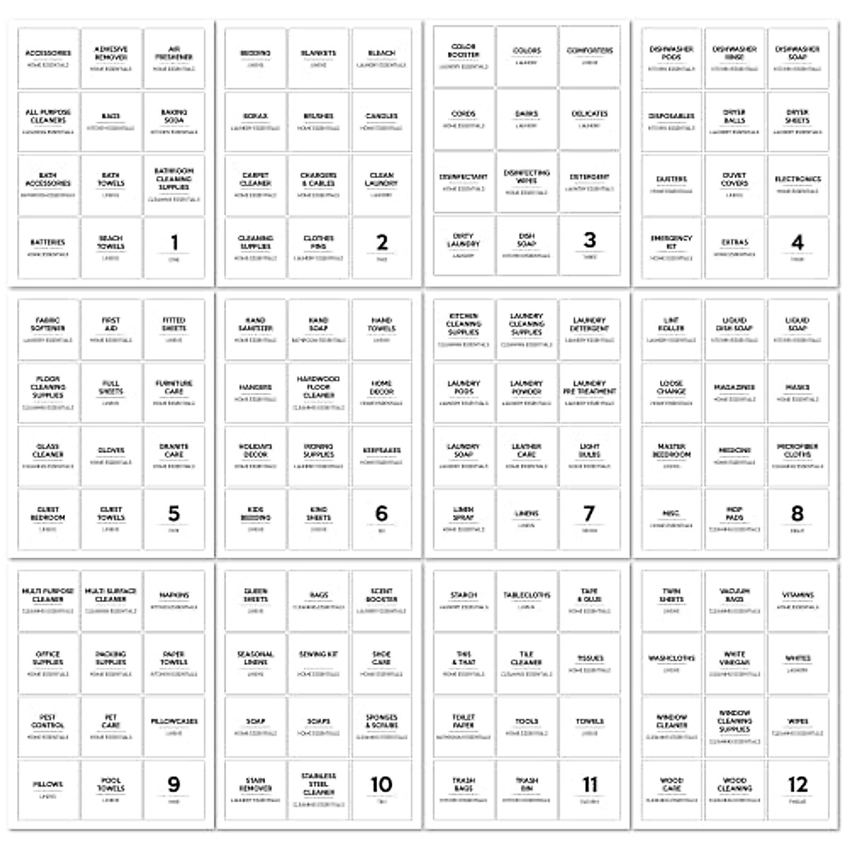 144 Labels for Laundry Room, Storage, Linen, Cleaning, Organization Containers, Waterproof Printed on White Glossy Labels, Household Stickers + Numbers, Minimalist Home, for Jars and Canisters