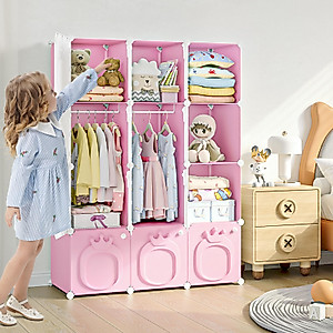 MAGINELS Kids Wardrobe Closet,Baby Closet Cabinet with Door.Baby Girls Closet Armoires Organizer for Bedroom.Two Open Hanging Children Costume Area and 8 Cube Stroage.Pink(42x14x56inch)