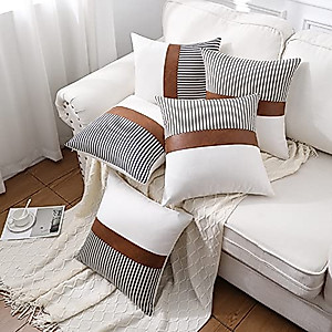 Mecatny Boho Throw Pillows 18x18 Set of 2 - Farmhouse Decorative Throw Pillows with Inserts Included - Brown Faux Leather Modern Stripe Patchwork Linen Accent Throw Pillows for Couch Bed Sofa, Grey