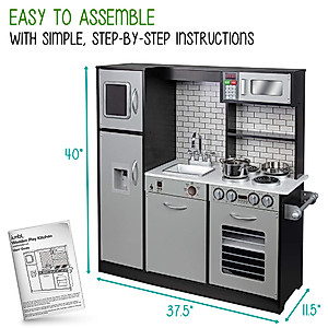 Lil' Jumbl Kids Kitchen Set, Pretend Wooden Play Kitchen, Battery Operated Icemaker & Microwave with Realistic Sound, Pots & Pan Included - Charcoal