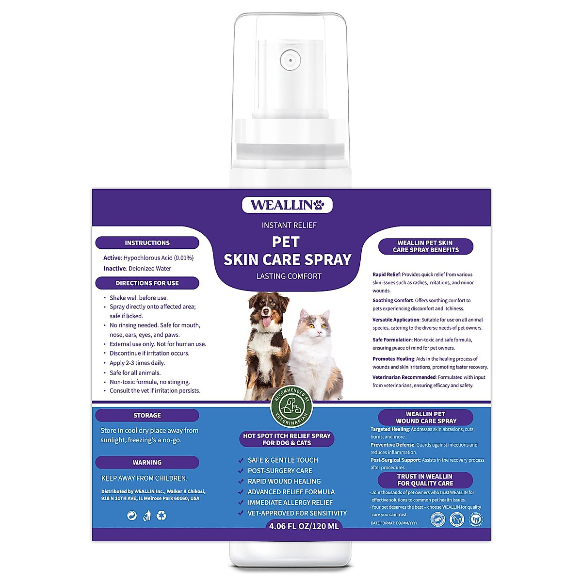 WEALLIN Hot Spot Itch Relief Spray for Dogs & Cats, Hot Spot Treatment for Dogs Itch Relief Spray for Dogs, Pet Treatment Spray for Itchy, Irritated Skin, Allergy, Rashes, Wound Care(8.12 Fl Oz)