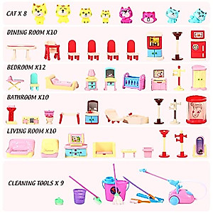 59 Pcs Dollhouse Furniture Accessories Sets Living Room Dining Room Bedroom Bathroom Miniature Doll House Furniture Plastic Pretend Doll Housework Cleaning Furniture Play Toy Gifts for Boy Girl Age 6+