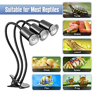 TFNN Reptile Heat Lamp, Three Head Reptile Light with Cycle Timer,UVA UVB light, dimmable Basking lamp for Tortoise, Bearded Dragon, Lizard, Snake, E26/27 Base with 4 Bulbs (50W)-Black