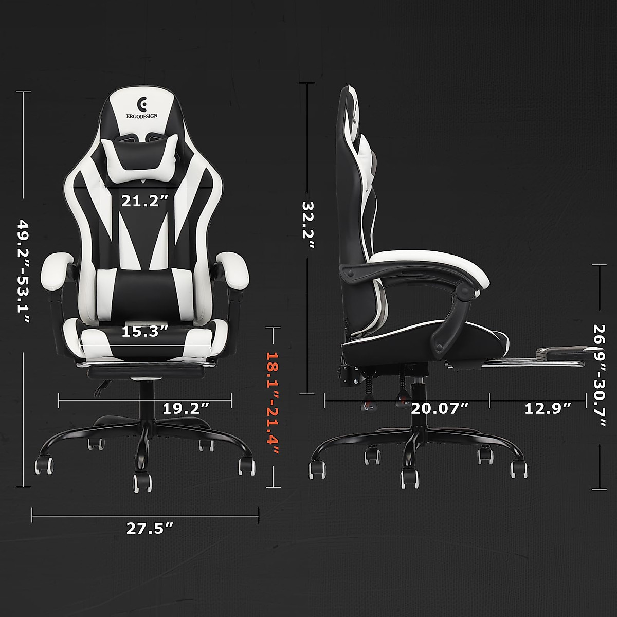 ErgoDesign Gaming Chair with Linkage Armrest & Footrest, High Back Video Gaming Chair, Black/White