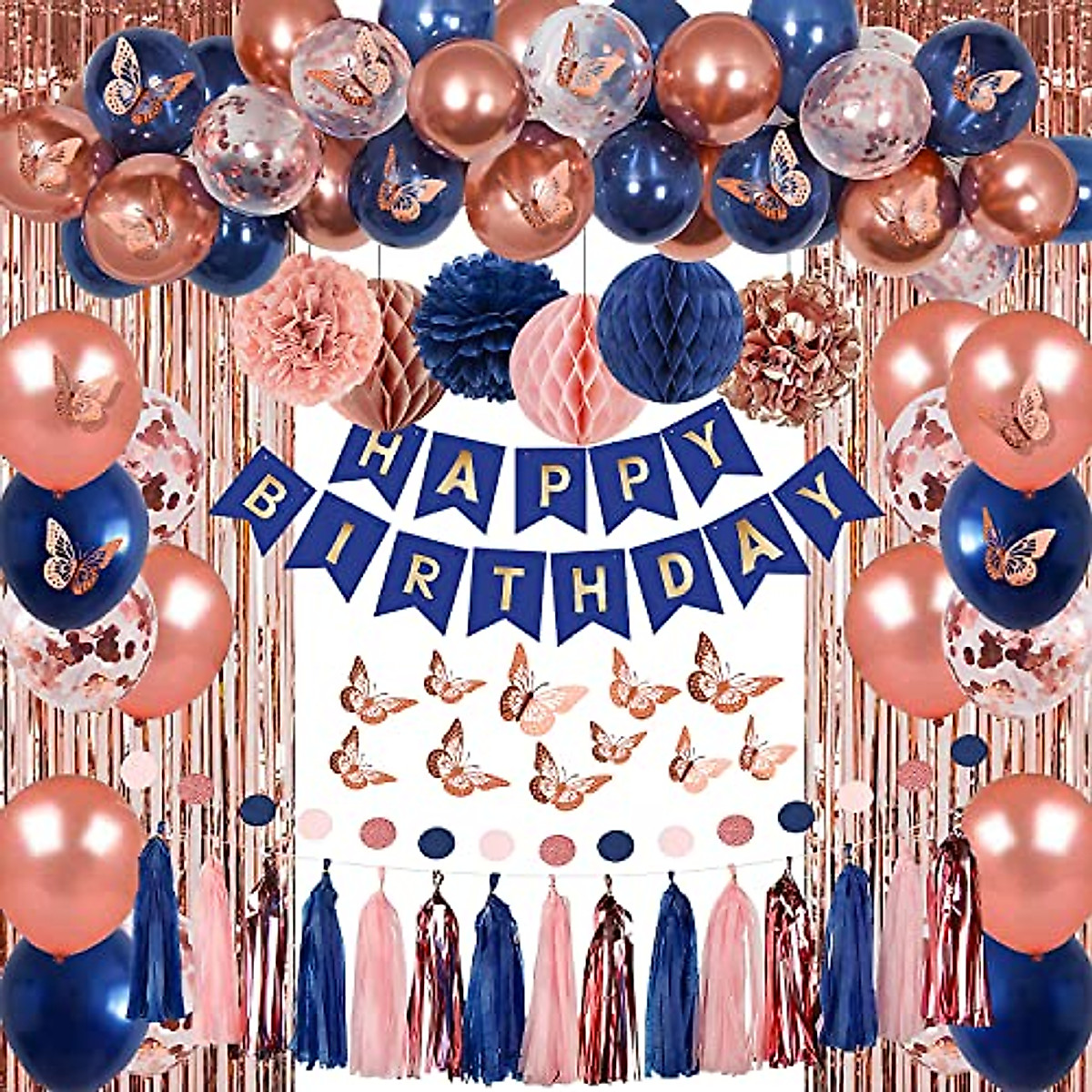 Rose Gold and Navy Blue Birthday Party Decorations for Women with Happy Birthday Banner,Curtains, Butterfly Wall,Circle Dots Garland,Tissue Pompoms,Paper Tassels Garland Birthday for Her