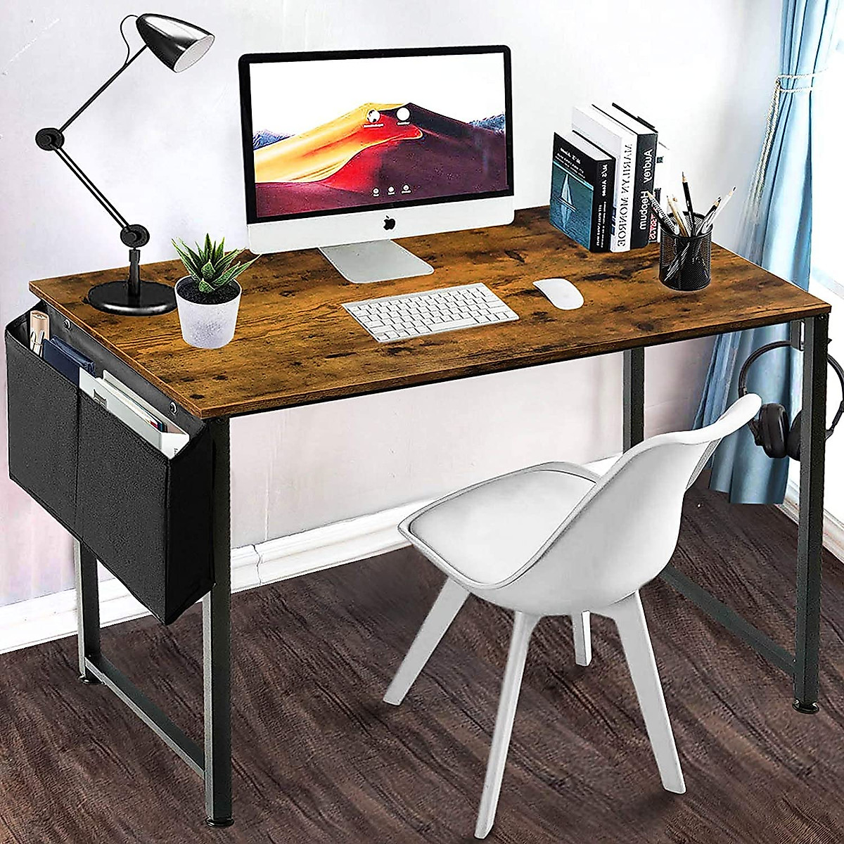 Lufeiya Small Computer Desk White Writing Table for Home Office Small Spaces 31 Inch Modern Student Study Laptop PC Writing Desks with Storage Bag Headphone Hook,White Black