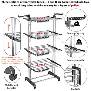5 Tier Clothes Drying Rack Oversized, Foldable& Adjustable Height Rolling Clothes Rack Stainless Steel with 4 Castor, 32 Drying Poles,14 Hook& 4 Sock Clippers, Drying Rack Clothing for Indoor& Outdoor
