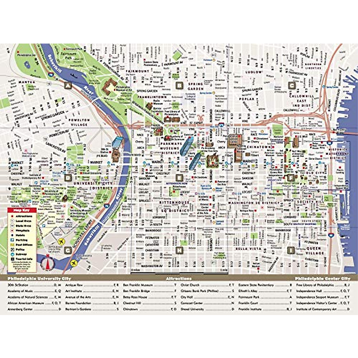 Philadelphia Pop-Up Map by VanDam — Laminated pocket size pop-up map of Central Philadelphia with all attractions, museums, sights, hotels & SEPTA Transit Map