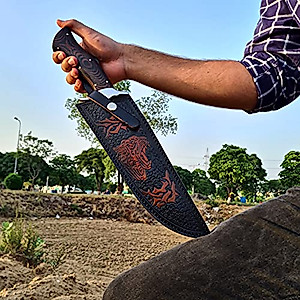 Vetus Tiger Bowie Knife| Custom handmade Survival Knife| 12C27 Stainless Steel Hunting Knife Full Tang Fixed Blade Tactical Bowie knife with Engraved Leather Sheath and Gift Box