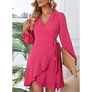FARYSAYS Women's V Neck Wrap Dresses Long Sleeve Fashion Mini Dress for Ladies Elegant Cocktail Party Wedding Guest Outfits Hot Pink Large