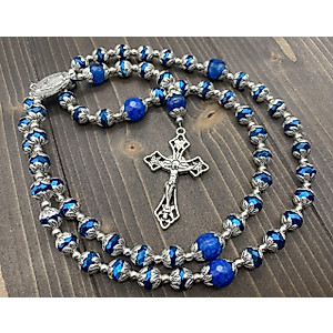 Nazareth Store Deep Blue Crystal Beads Rosary Blue Agate Glory Stone Beaded Necklace Miraculous Medal & Cross Crucifix Religious Rosaries Collection