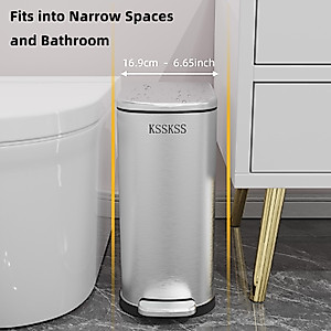 KSSKSS 2.6 Gallon Slim Bathroom Trash Can with Soft Close Lid, 10L Stainless Steel Garbage Can with Removable Liner Bucket, for Narrow Spaces,Bathroom, Bedroom (Silver)