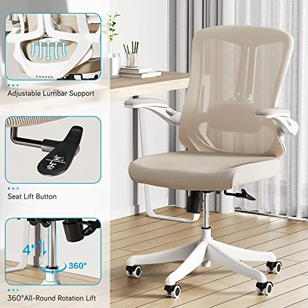 balmstar Ergonomic Chairs For Home Office Desk , Breathable Mid-Back Comfortable Mesh Computer Chair with PU Silent Wheels, Flip-up Armrests, Tilt Function, Lumbar Support (Khaki)