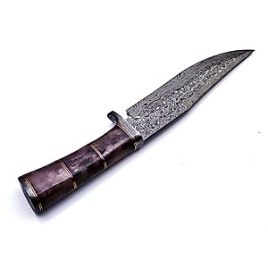 Nooraki BK-30 Handmade Damascus Steel Fixed Blade Bowie Knife with Leather Sheath, Multipurpose Knife with Camel Bone Brass Spicer Handle for Everyday Carry, Camping, Hunting, 12.5" Length
