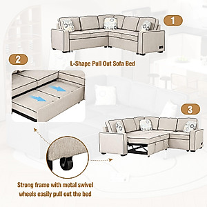 LUSPAZ Linen Fabric L-Shaped Pull Out Sofa Bed, Modern Convertible Sleeper Couch 2 USB Ports, 2 Power Sockets and 3 Pillows for Living Room,Cream