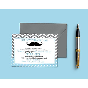 15 Mustache Thank You Cards with Grey Envelopes - Stationery for Boys Baby Shower - Dapper Chevron Stripes