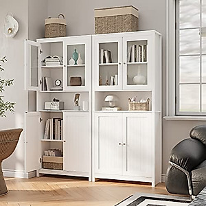 BOTLOG 75" Tall Storage Cabinet, Bathroom Storage Cabinet with Glass Doors and Shelves, Kitchen Pantry Cabinet for Living Room, Bedroom, Freestanding, White