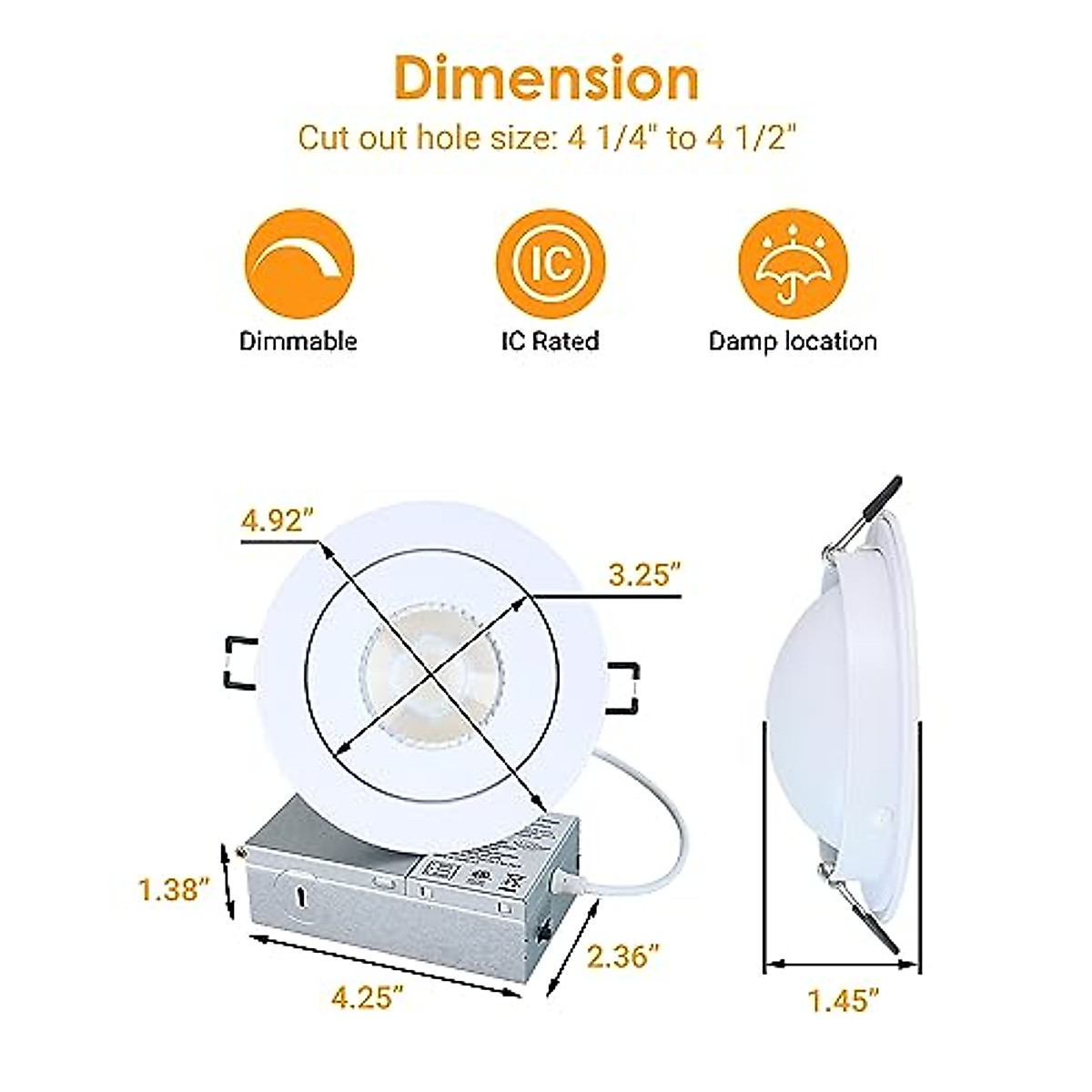 POPANU 4inch Gimbal LED Recessed Light Recessed LED 4 inch White Swivel Gimbal Canless Light 360° Rotation 90° Tilt 4" 9W Eyeball Lighting Dimmable Adjustable Can Spotlights 5CCT White 4 inch 6 Pack