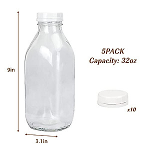 Moretoes 5pcs 32oz Glass Milk Bottles with Lids Glass Juice Bottles Reusable Clear Containers for Milk Juice Milkshake Honey Jam