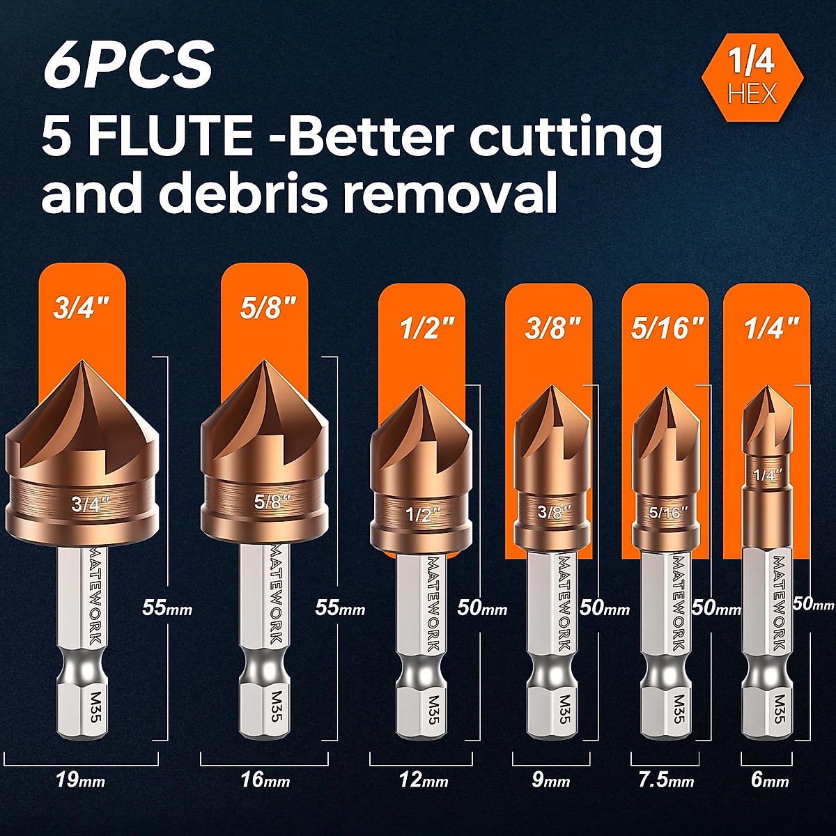 Countersink Drill Bit Set, M35 Cobalt HSS Countersink Drill Bits 6 Pieces 1/4 Inch Quick Change Hex Shank for Metal, Wood, Stainless Steel, Carbon Steel