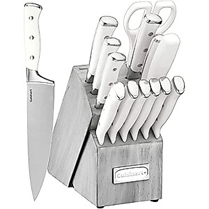Cuisinart C77WTR-15PG Classic Forged Triple Rivet, 15-Piece Knife Set with Block, Superior High-Carbon Stainless Steel Blades for Precision and Accuracy, White/Grey