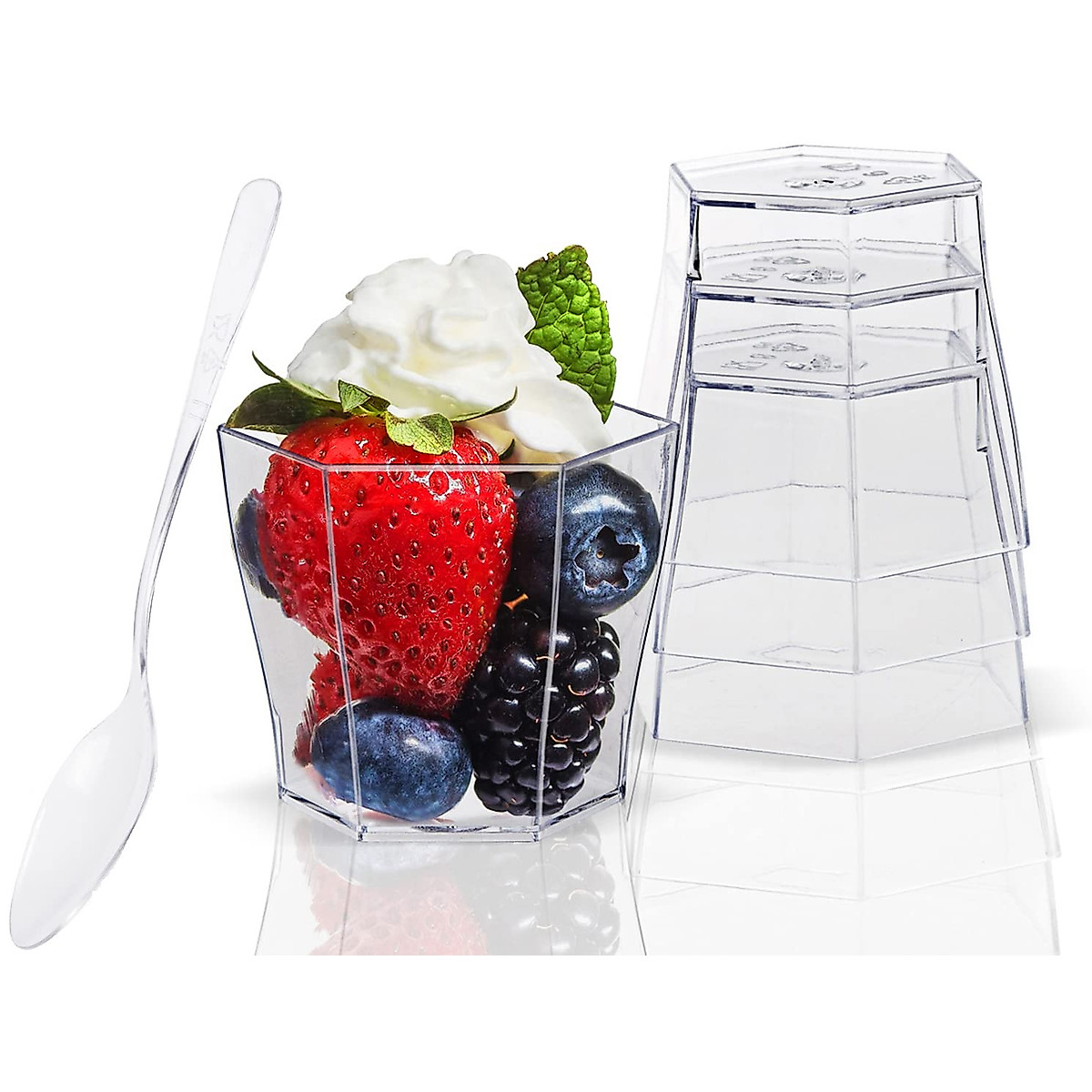 Lawei 100 pack 2 oz Plastic Dessert Cups with 100 Plastic Spoons - Hexagonal Mini Bowl Disposable Bowls for Chocolate Desserts, Appetizers, Dessert Samplers, Dessert Shot Glasses & More
