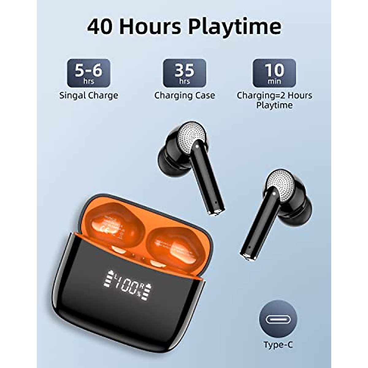 Bluetooth 5.3 Earbuds, HiFi Stereo with 13mm Special Driver, Wireless Headphones in Ear Light-Weight, LED Digital Display, 40H Playtime, IPX7 Waterproof, Bluetooth Earphones 4 Mics for Android iOS