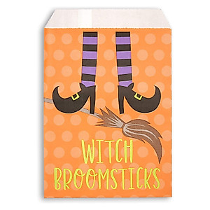 BLUE PANDA 100 Pack Halloween Paper Bags, Small Paper Halloween Treat Bags, Bulk Goody Bags for Candy, and Favors, 4 Designs, Vampire Teeth, Witch Broomsticks, Bag of Bones, Spider Eggs (8 x 5 In)