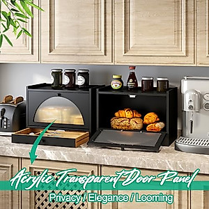 kiplant Black Bread Box for Kitchen Counter, Large Bamboo Bread Storage Container with Silverware Drawer, Bamboo Wooden Farmhouse Bread Box for Your House