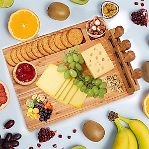 Aoibox Bamboo Cheese Board Set 14.17"*11"*0.8", Charcuterie Platter and Serving Meat Board Including 4 Stainless Steel Knife, Cheese Tray, Yankee Swap Gifts