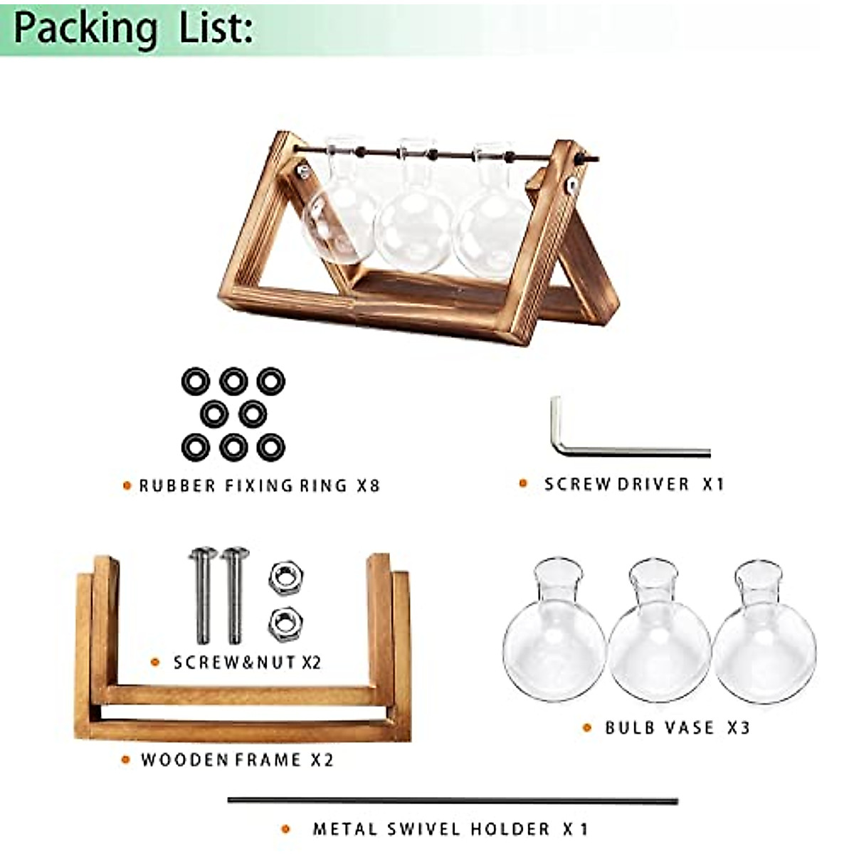 Ivolador Desktop Propagation Station, Bulb Plant Terrarium with Retro Solid Wooden Stand and Metal Swivel Holder for Hydroponics Plants Home Garden Wedding Decor (3 Bulb)