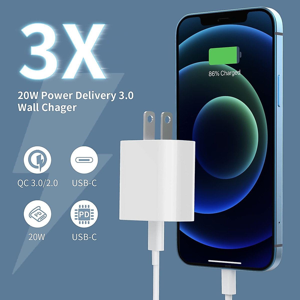 3Pack USB C Charger Block 20W, iGENJUN PD 3.0 Type C Charger Wall Charger USBC Power Adapter Brick Cube Fast Charger for Phone 15/15 Pro/14/13, Galaxy, Pixel, AirPods Pro-White