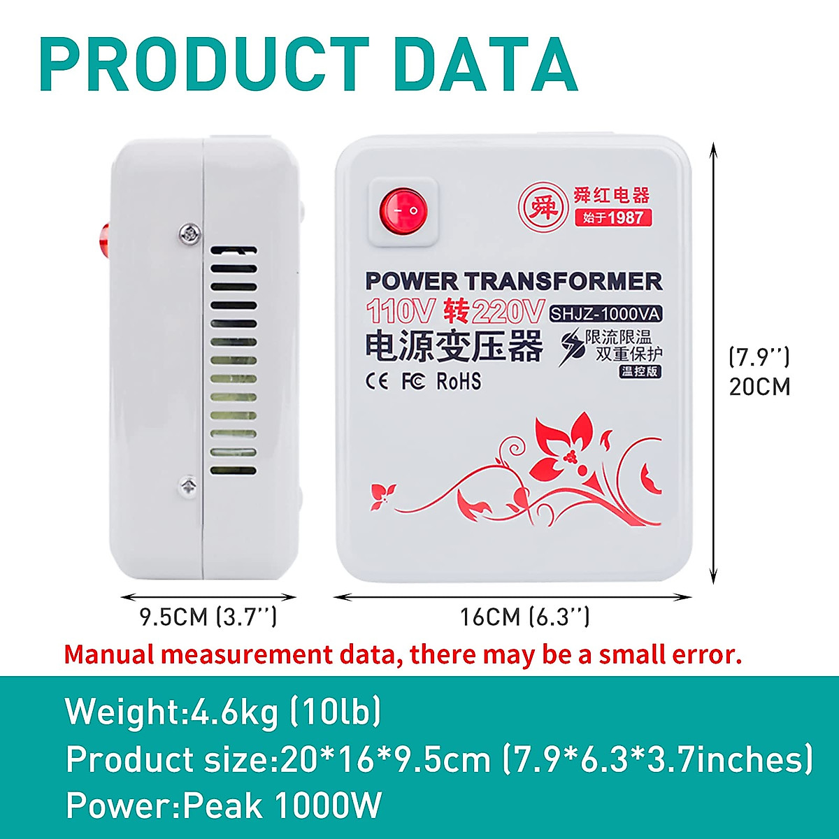 （1000W） Voltage Converter from 110V to 220V, high Performance Step-up Transformer to Support appliances Used in Europe, Asian appliances and Other Regions,CE/FCC Certification.
