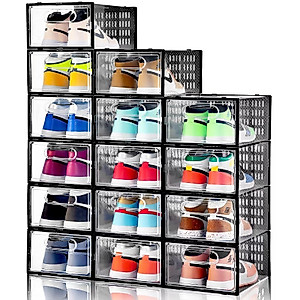 Clemate 15 Pack Shoe Storage Boxes, Clear Plastic Stackable Shoe Organizer for Closet, Shoe Box with Magnetic Door, Foldable Shoe Storage Bin, Sneaker Storage Box Shoe Rack Container Holder