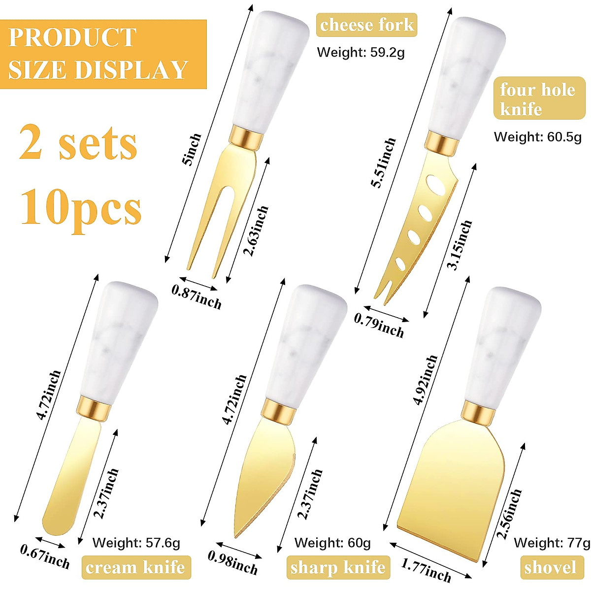 10 Pcs Gold Cheese Knife Set with Ceramic Marble Handle White Cheese Knife Spreader Set Charcuterie Utensils Stainless Steel Marble Knife Set Butter Spatula Knives Cutter Slicer Fork for Wedding Party