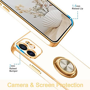 Fingic iPhone 12 Case with 360° Rotatable Ring Holder Magnetic Kickstand, Shiny Plating Gold Edge, Slim Soft TPU Shockproof Protective Cover for Women, Men, White