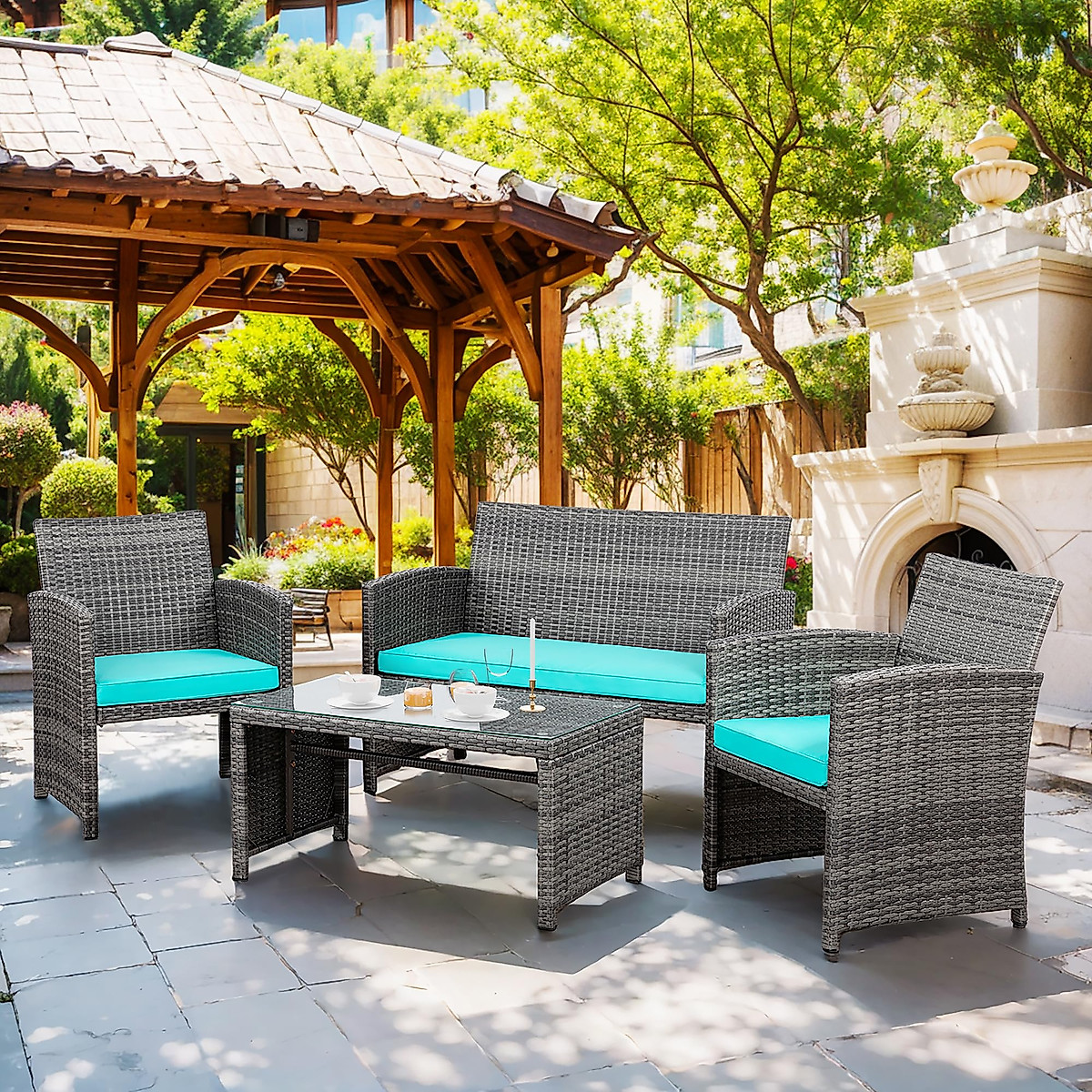 Shintenchi 4-Piece Outdoor Gray Wicker Patio Conversation Furniture Set, Rattan Patio Furniture Set with Weather Resistant Cushions and Tempered Glass Tabletop,Blue