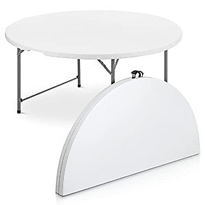 MoNiBloom 5Ft Round Folding Table, Indoor Outdoor Plastic Dining Card Table with Handle and Lock for Picnic Party Banquet Wedding, White Toptable Gray Legs