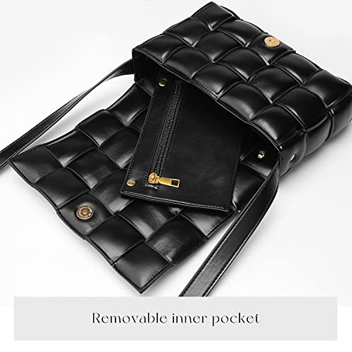 ZooLLyn Woven Padded Cassette Crossbody Trend Shoulder Bag for Women Clutch Bag Square Purse Hand Bag Black