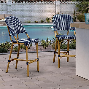 PURPLE LEAF French Country Outdoor Counter Height Bar Stools Set of 2 Patio Wicker 26 Inch High Bar Stool Chairs Metal Rattan Barstools with Ergonomic Backs for Garden Indoor Kitchen Island, Navy Blue