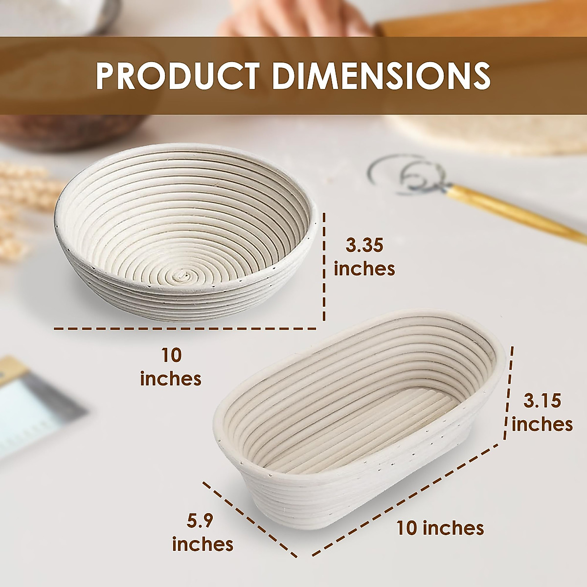 Premium Bread Banneton Proofing Basket Set of 2, 10 inch Round & Oval Cane Bread Proofing Baskets with 4 set cloth Sourdough Baskets Tools & Liners for Artisan Bread Making, Baking Supplies Kit