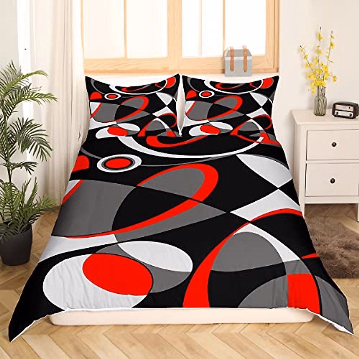 5Pcs Red Grey and Black Duvet Cover Set Full Size & Curtain Set: 1 Duvet Cover + 2 Pillowcase + 2 Panels of 42 W x 63 L inch Each