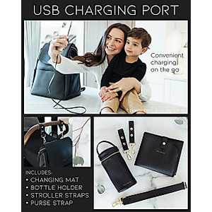 MIA + SOPHIA Leather Diaper Bag Backpack with Changing Pad, Stroller Straps, Bottle Holder (Black Olivia)