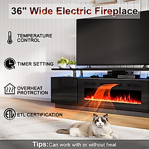 AMERLIFE Entertainment Center with Fireplace and Bookcases, Includes 70" 2-Tier Fireplace TV Stand with 36" Fireplace, 2 x Modern High Gloss Bookshelves with LED Lights & Glass Doors, Black